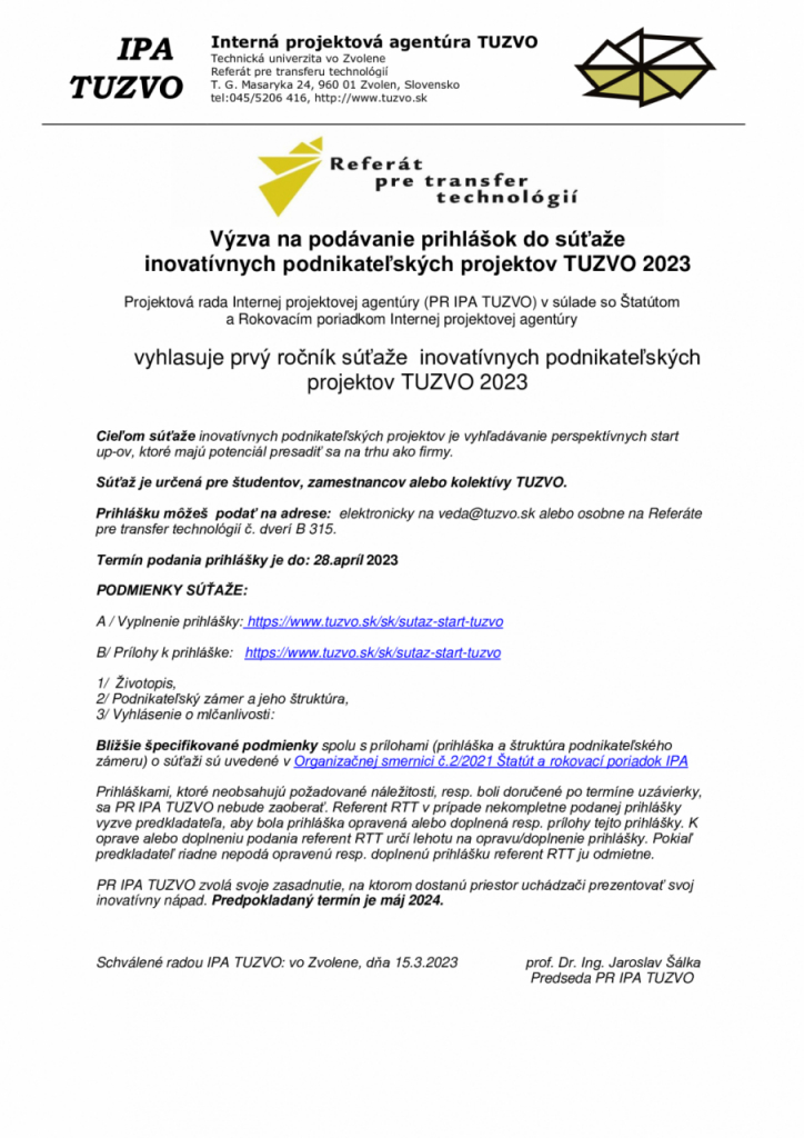 Súťaž inovatívnych podnikateľských projektov TUZVO 2023 | Technická ...